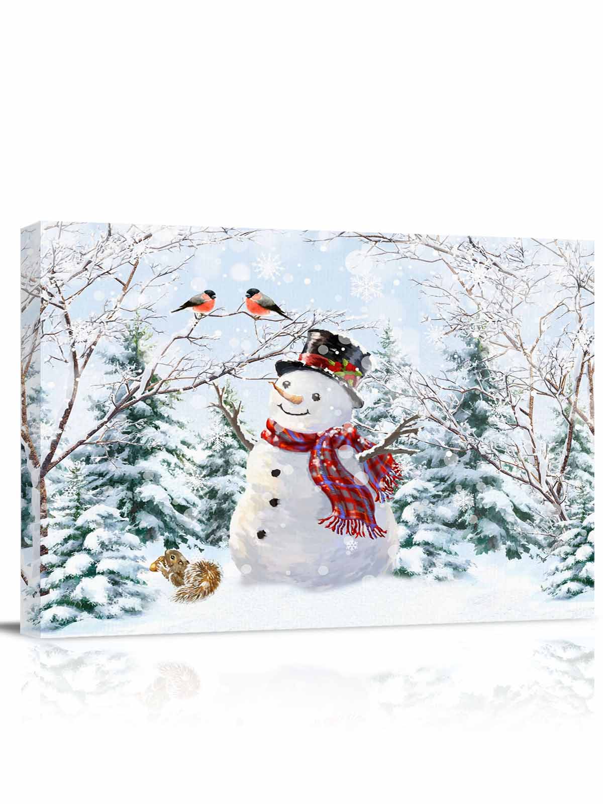 Christmas Snowman Canvas Print Wall Art Pine Treea Branches Xmas Winter ...