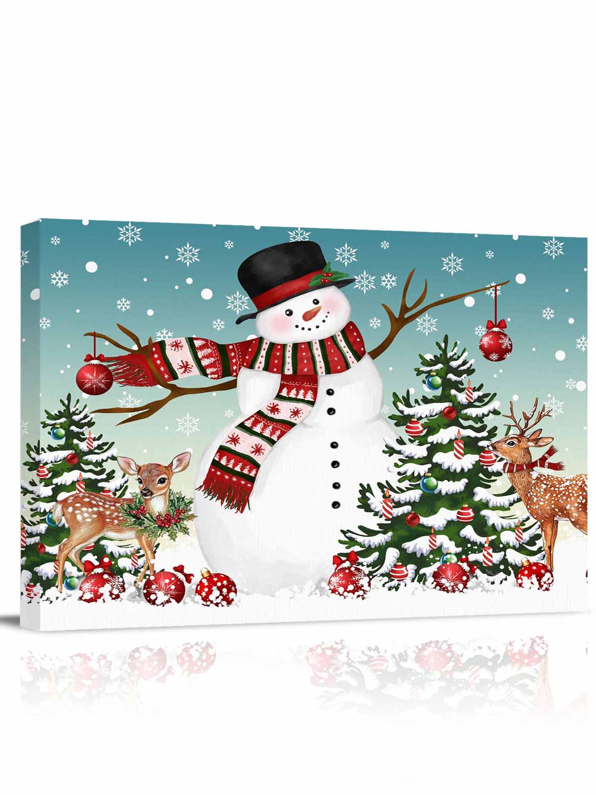 Christmas Snowman Canvas Print Wall Art Xmas Tree Deer Teal Winter ...