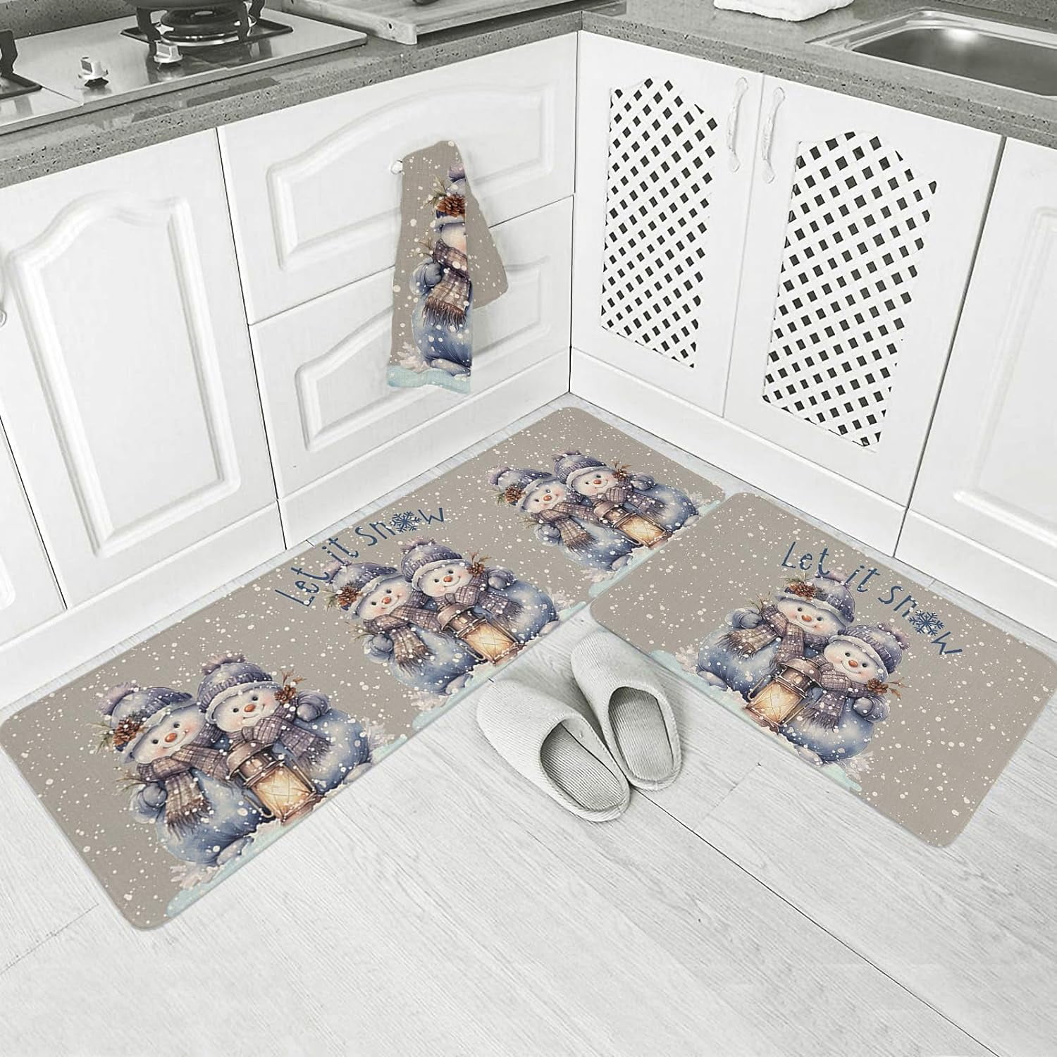 Christmas Snowman Cartoon Theme Kitchen Floor Mats, Let Snow Texts 2 ...