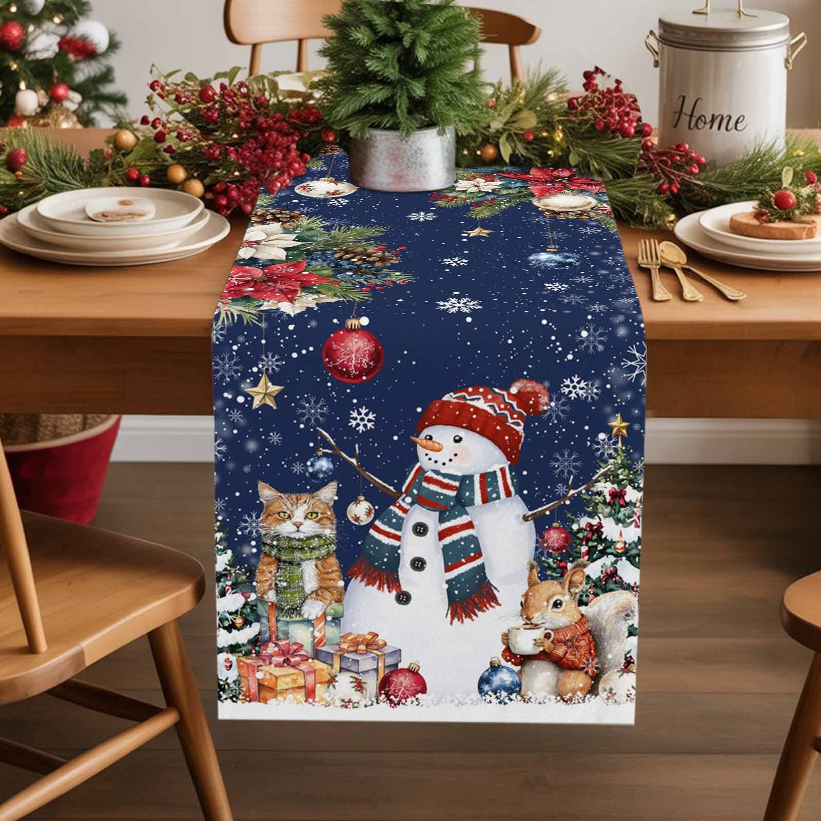 Christmas Snowman Cat Rabbit Table Runner 14x72in Non-Slip Cotton Linen ...