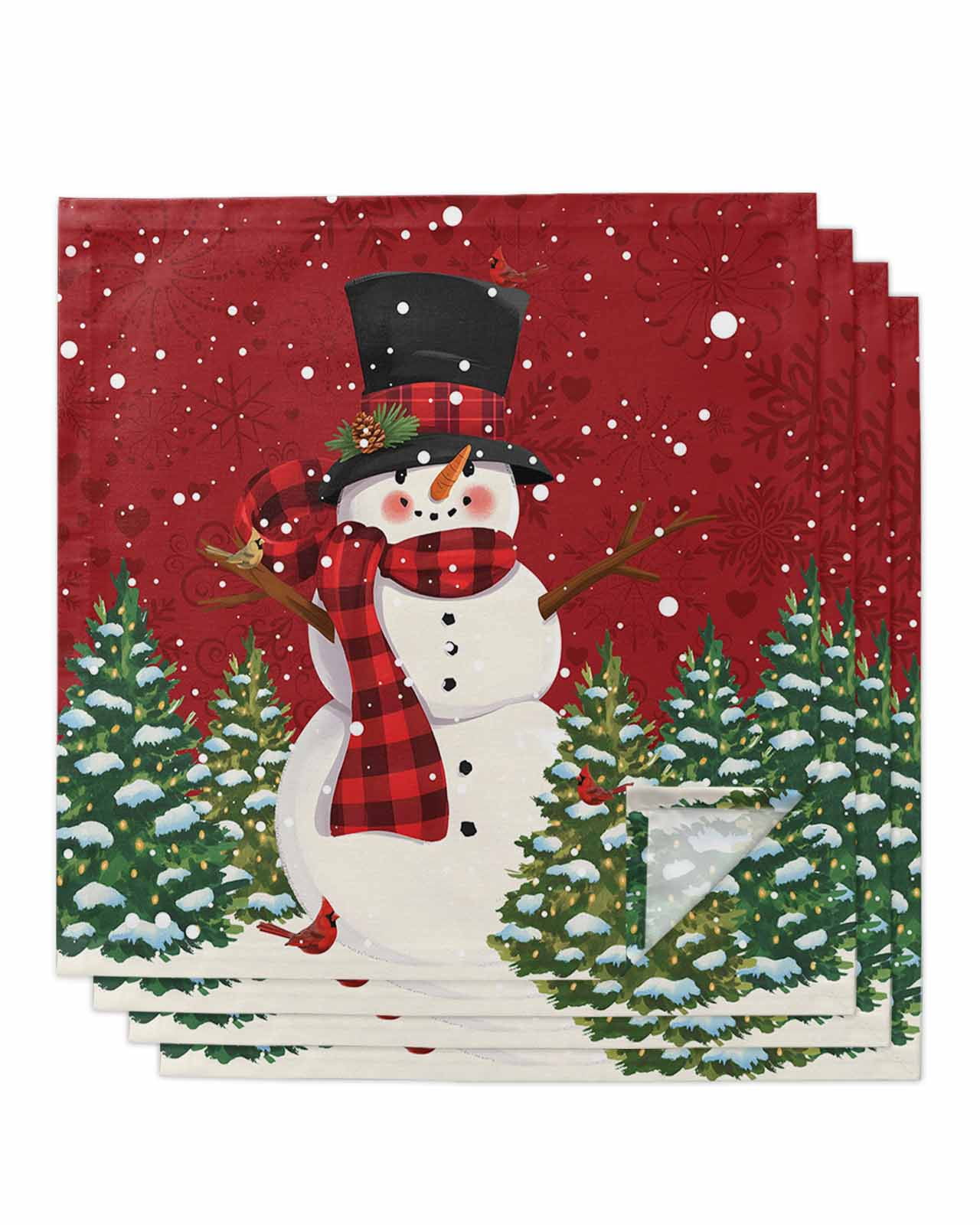 Christmas Snowman Cloth Napkin Set of 4, Winter Snowflakes Pine Trees ...