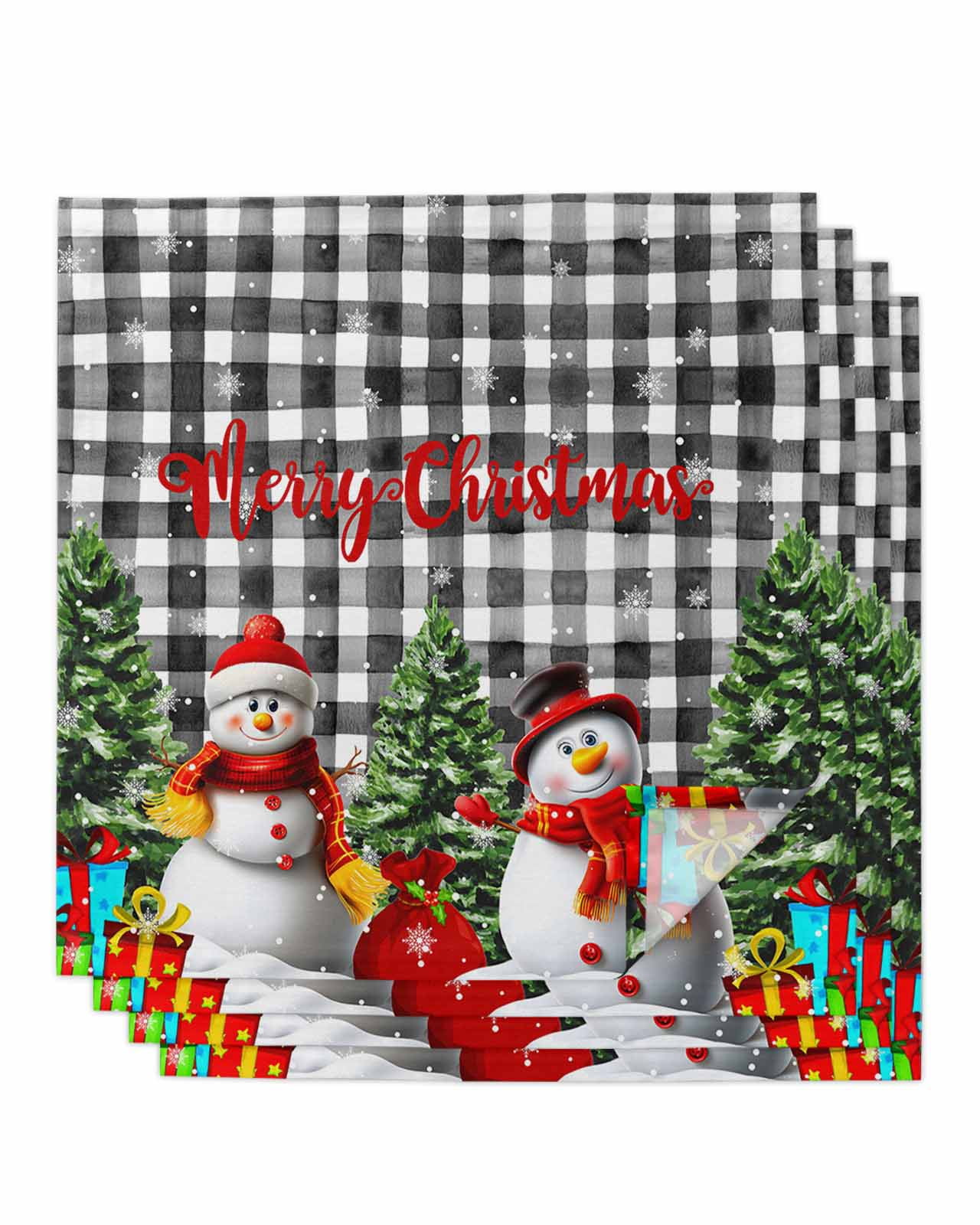 Christmas Snowman Cloth Napkins Washable Set of 4, Black White Plaid Snowflake Pine Tree ...