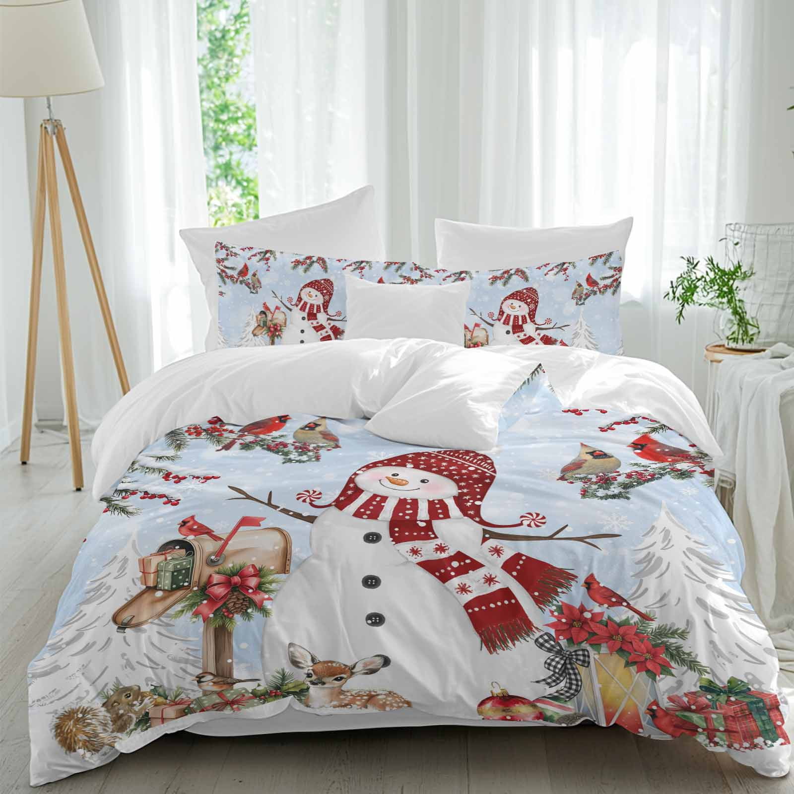 Christmas Snowman Comforter Set Full Size, Red Snowman Berries Bird ...