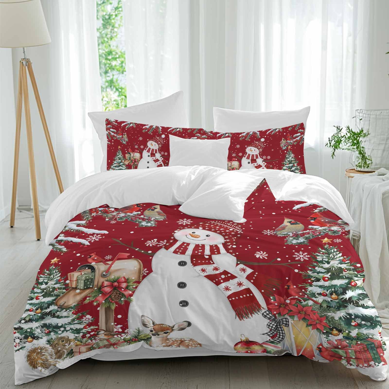 Christmas Snowman Comforter Set Full Size, Red Snowman Berries Bird ...