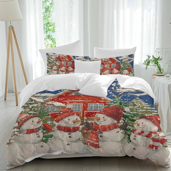 Christmas Snowman Comforter Set Full Size, Snow Red Barn Xmas Tree Blue ...