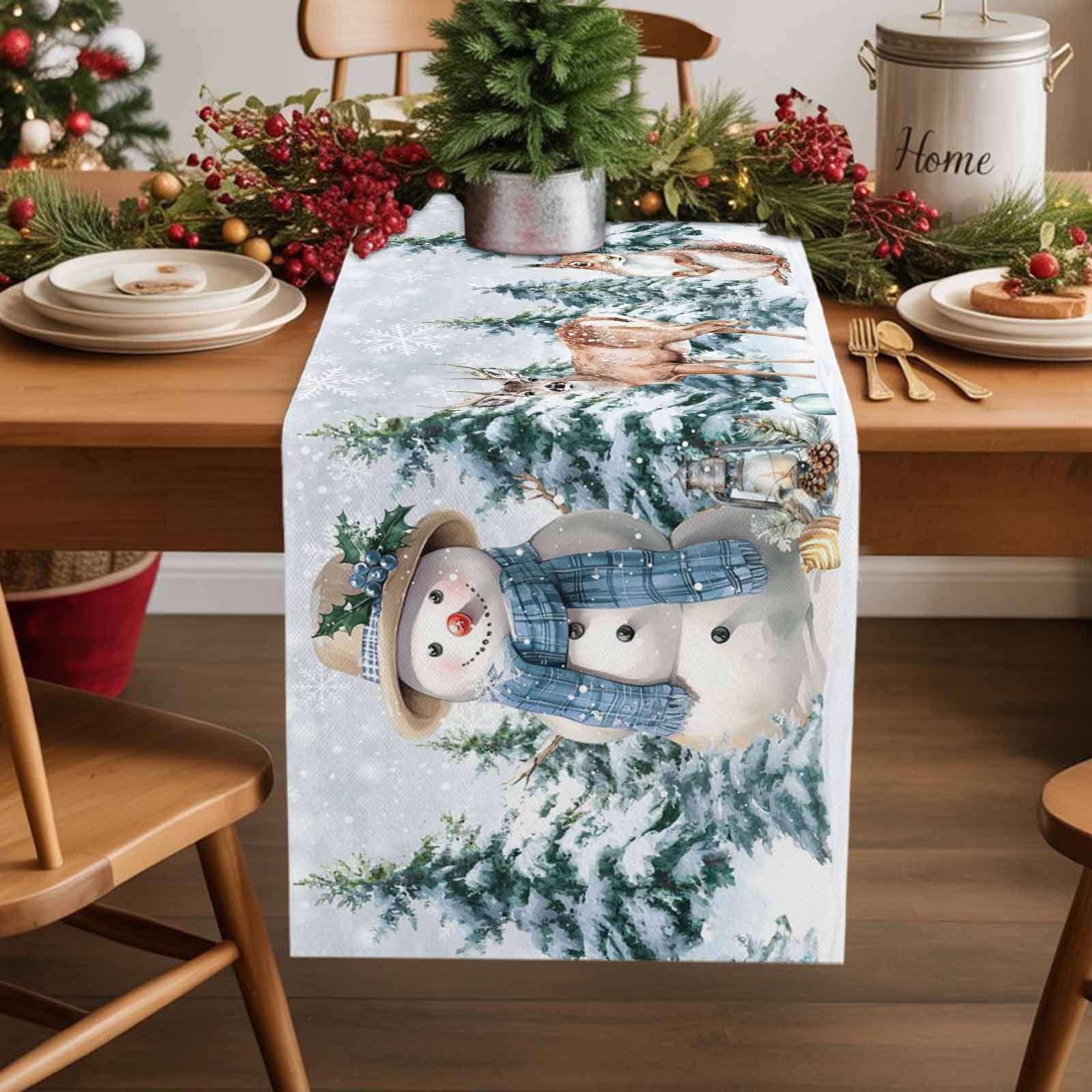 Christmas Snowman Cotton Linen Table Runner 14 x 72 inch Grey Snowflake ...