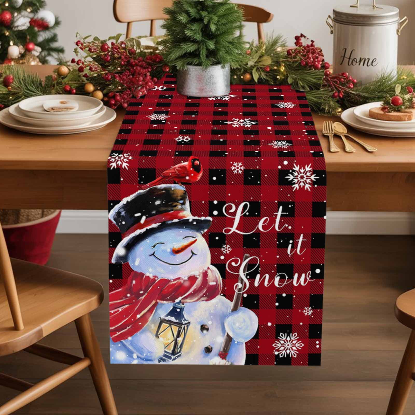 Christmas Snowman Cotton Linen Table Runner with Bird Black and Red ...