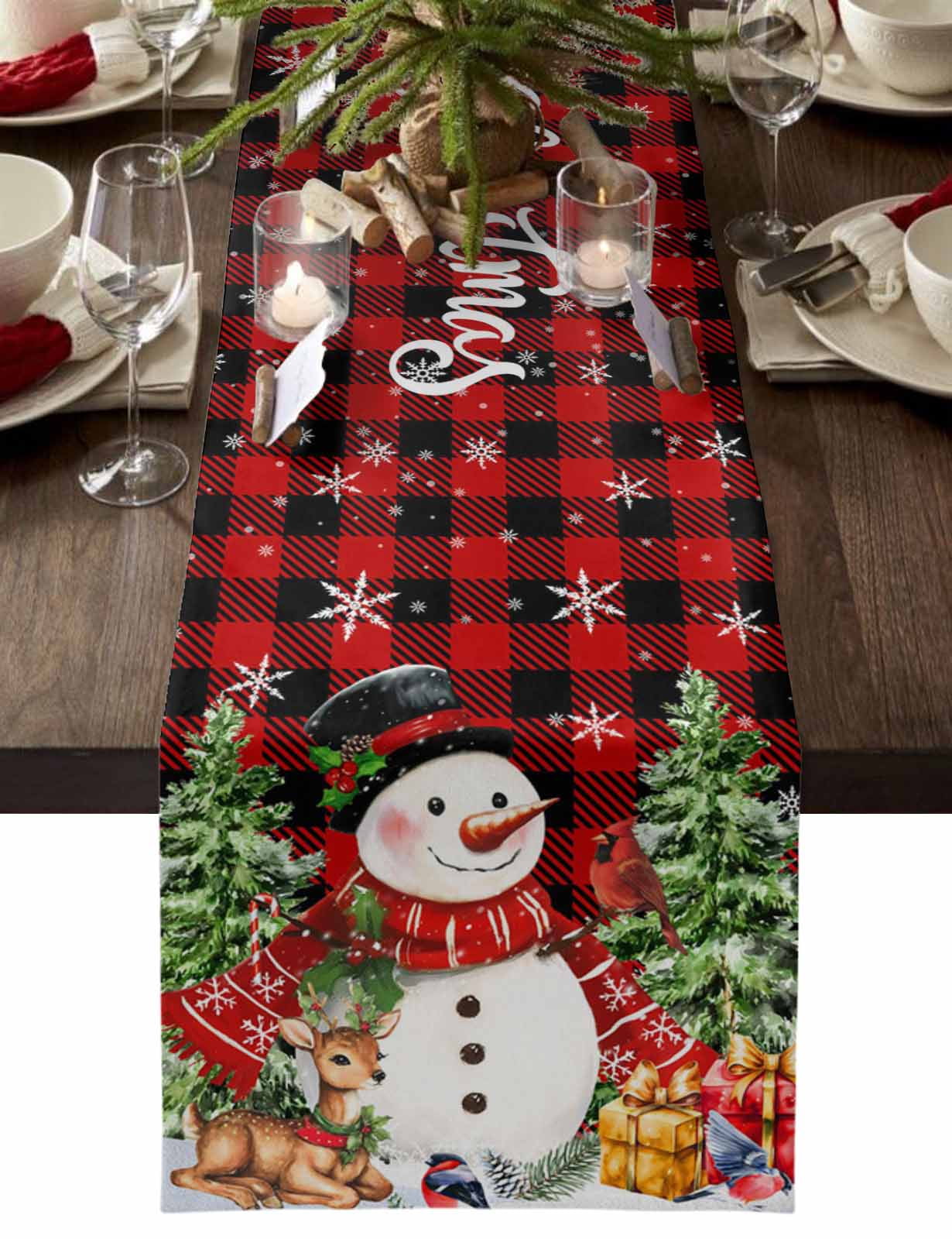 Christmas Snowman Cotton Linen Table Runner for Dining Kitchen, Red ...