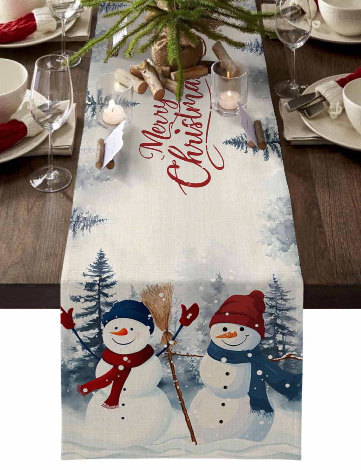 Christmas Snowman Cotton Linen Table Runner for Dining Kitchen, Winter ...
