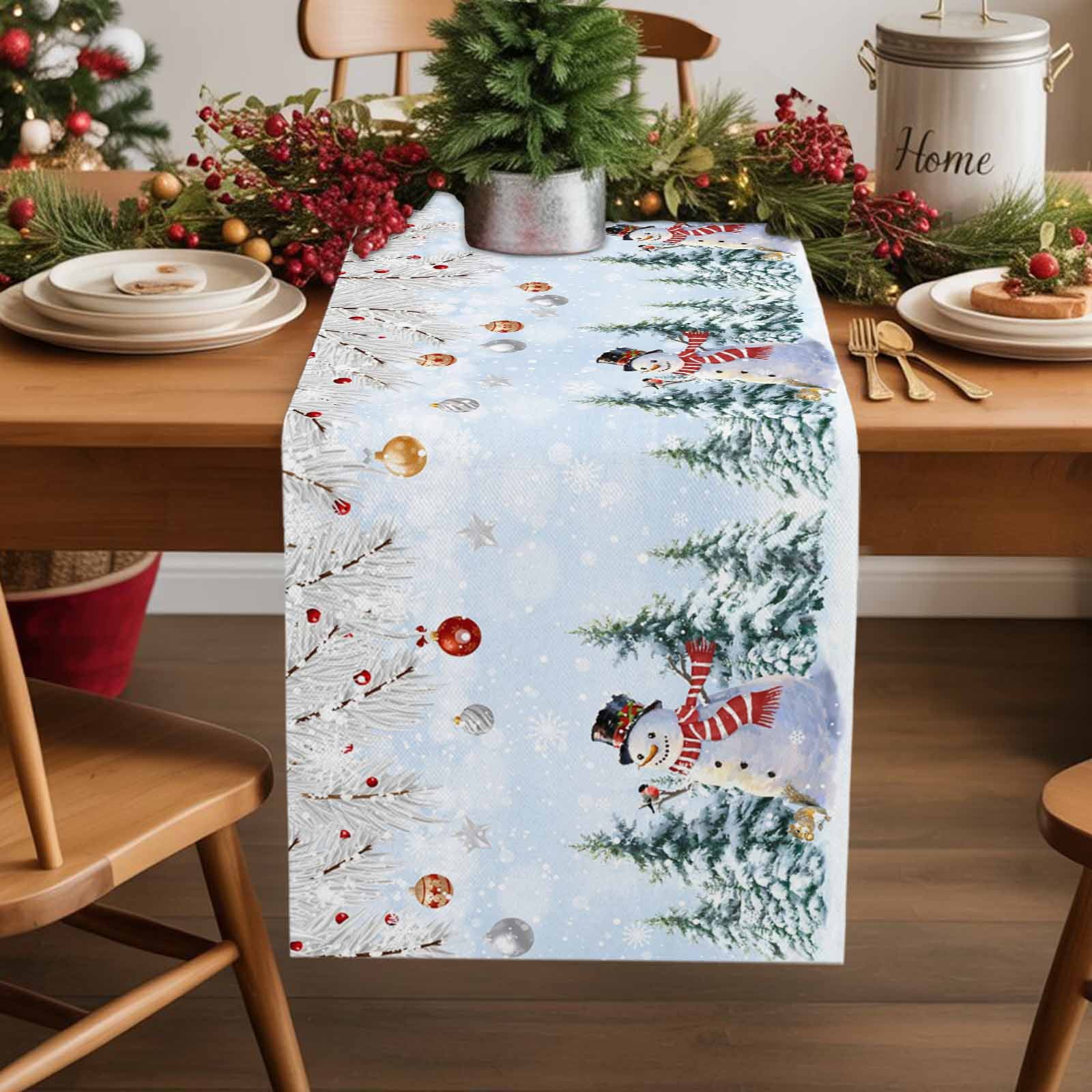 Christmas Snowman Cotton Linen Table Runner Pine Forest Winter Branches ...