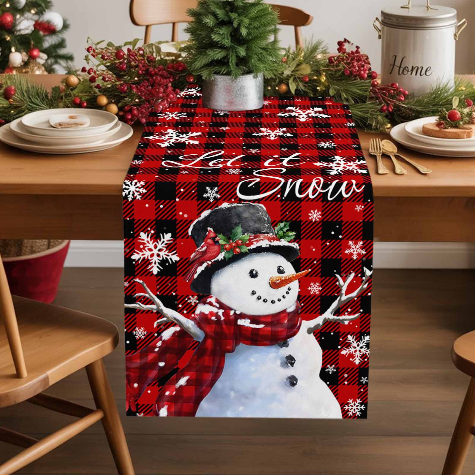 Christmas Snowman Cotton Linen Table Runner Snowflake Berry Dining ...