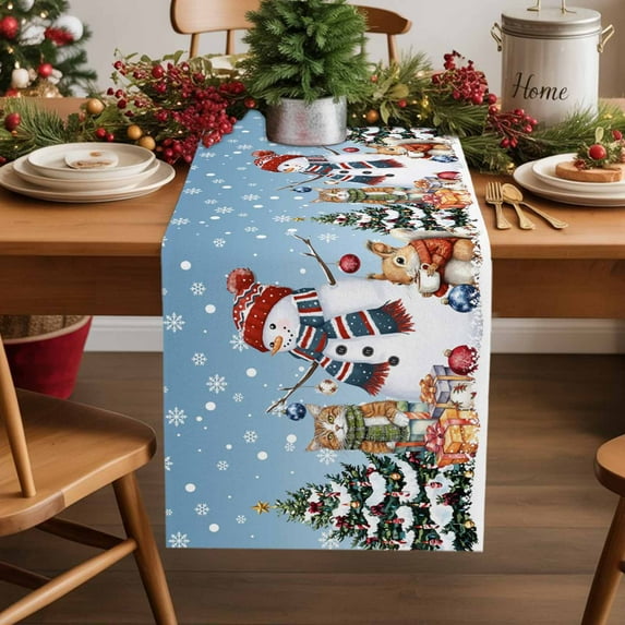 Christmas Snowman Cotton Linen Table Runner Snowflake Squirrel Cat Xmas ...