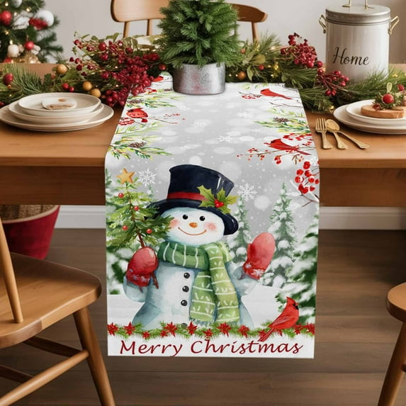 Christmas Snowman Cotton Linen Table Runner Winter Plant Leaf Canary ...