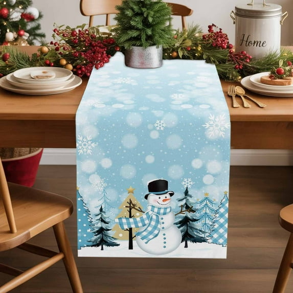 Christmas Snowman Cotton Linen Table Runner Winter Snowflakes Tree Blue ...