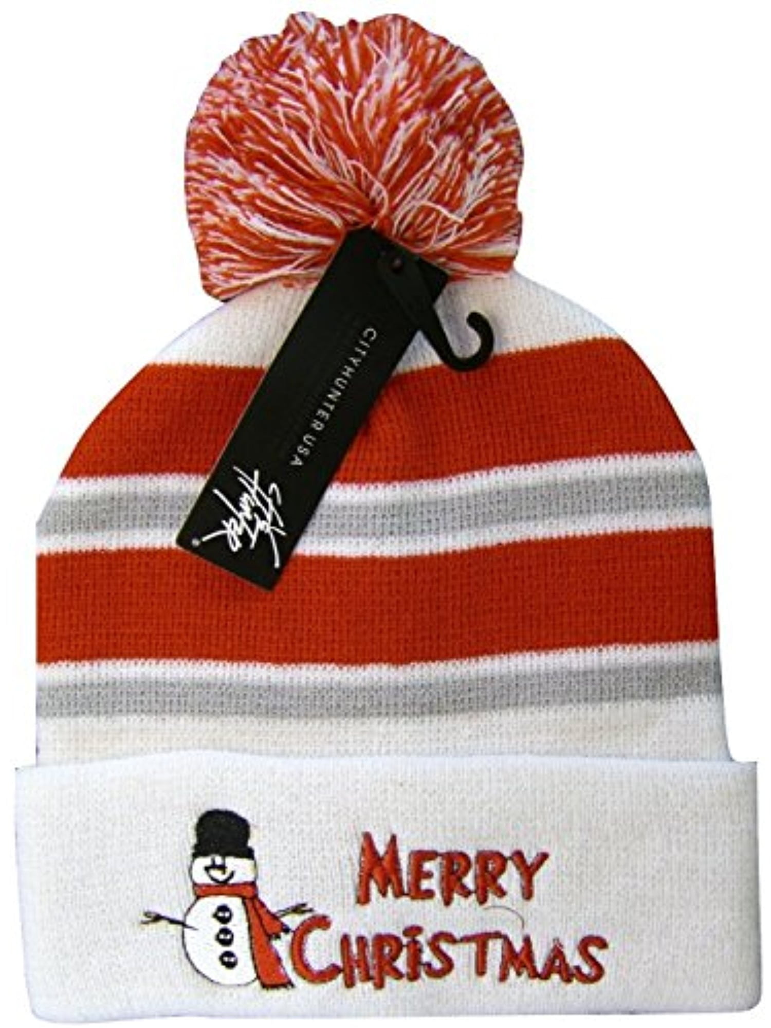 Christmas Snowman Cuffed Knit Winter Toboggan Hat Pom Beanie (White ...