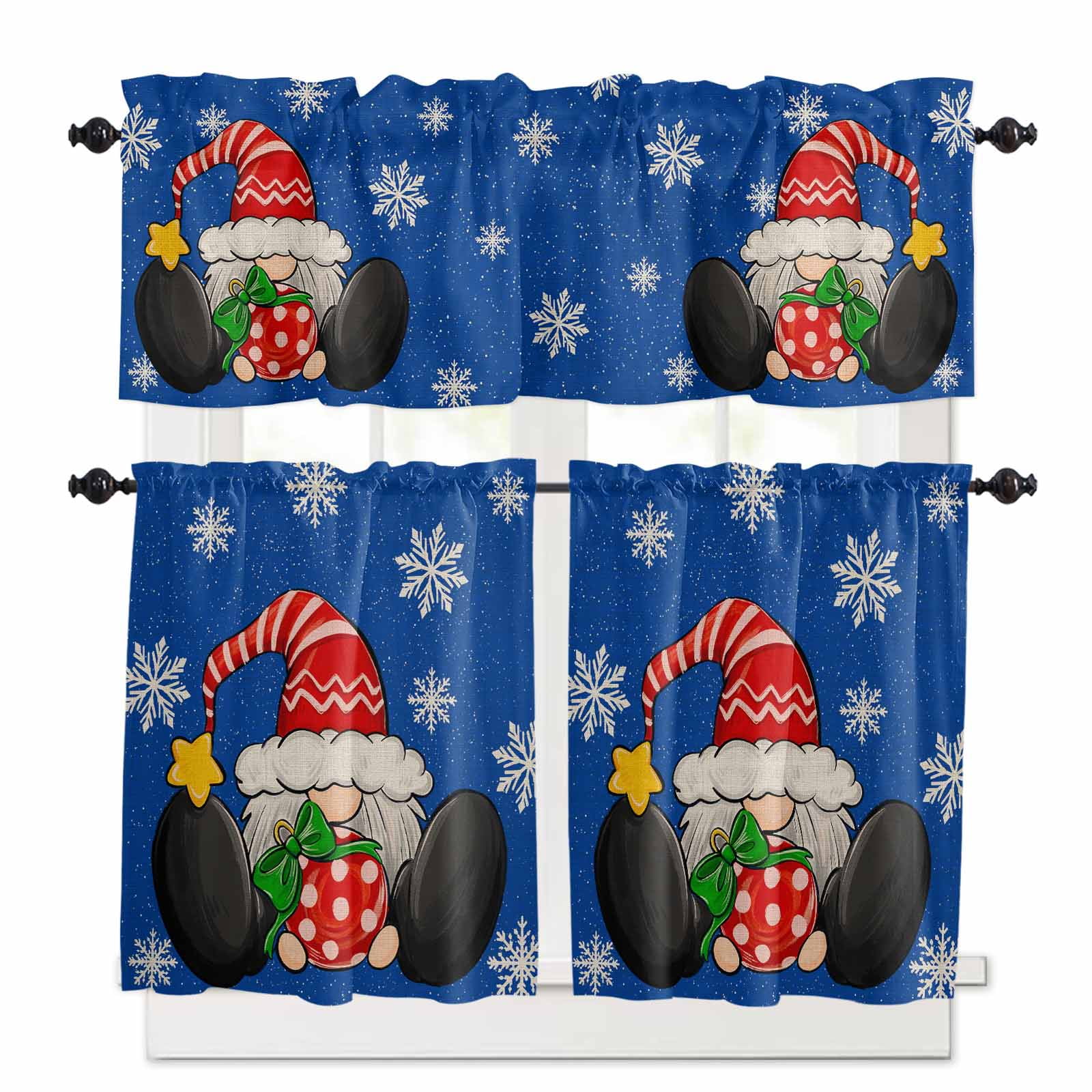 Christmas Snowman Curtain Valances Set Gnome Dwarf on Snowy Night ...