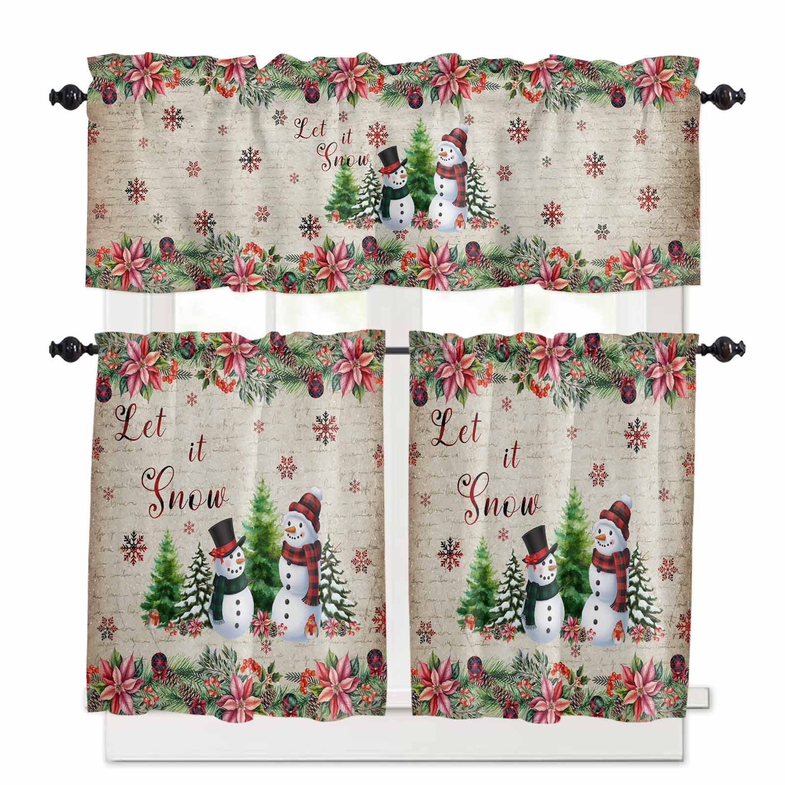 Christmas Snowman Curtain Valances Set Xmas Tree Socks Ball Winter Red ...