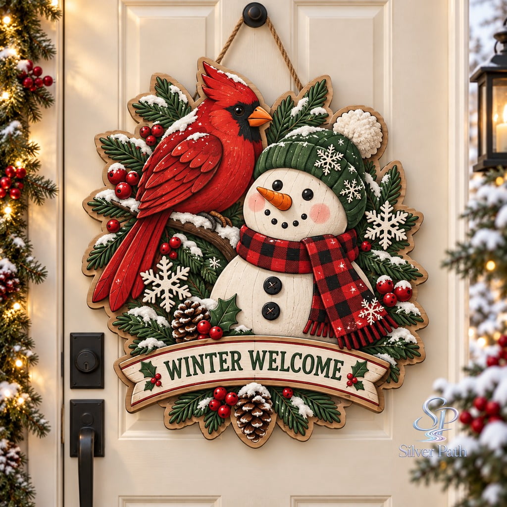 Christmas Snowman Door Hanger, Cardinal and Snowflake Wooden Welcome ...