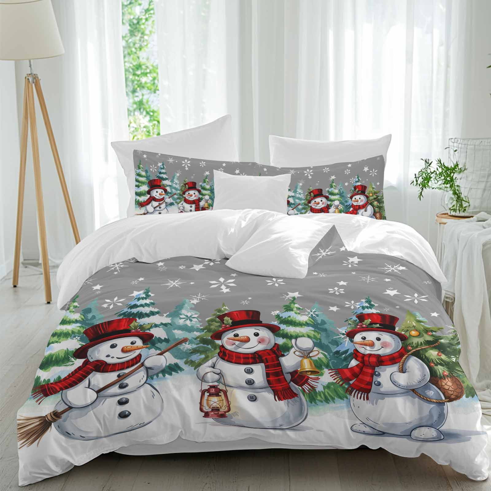 Christmas Snowman Duvet Cover Set Full Size, Winter Pine Snowflakes ...