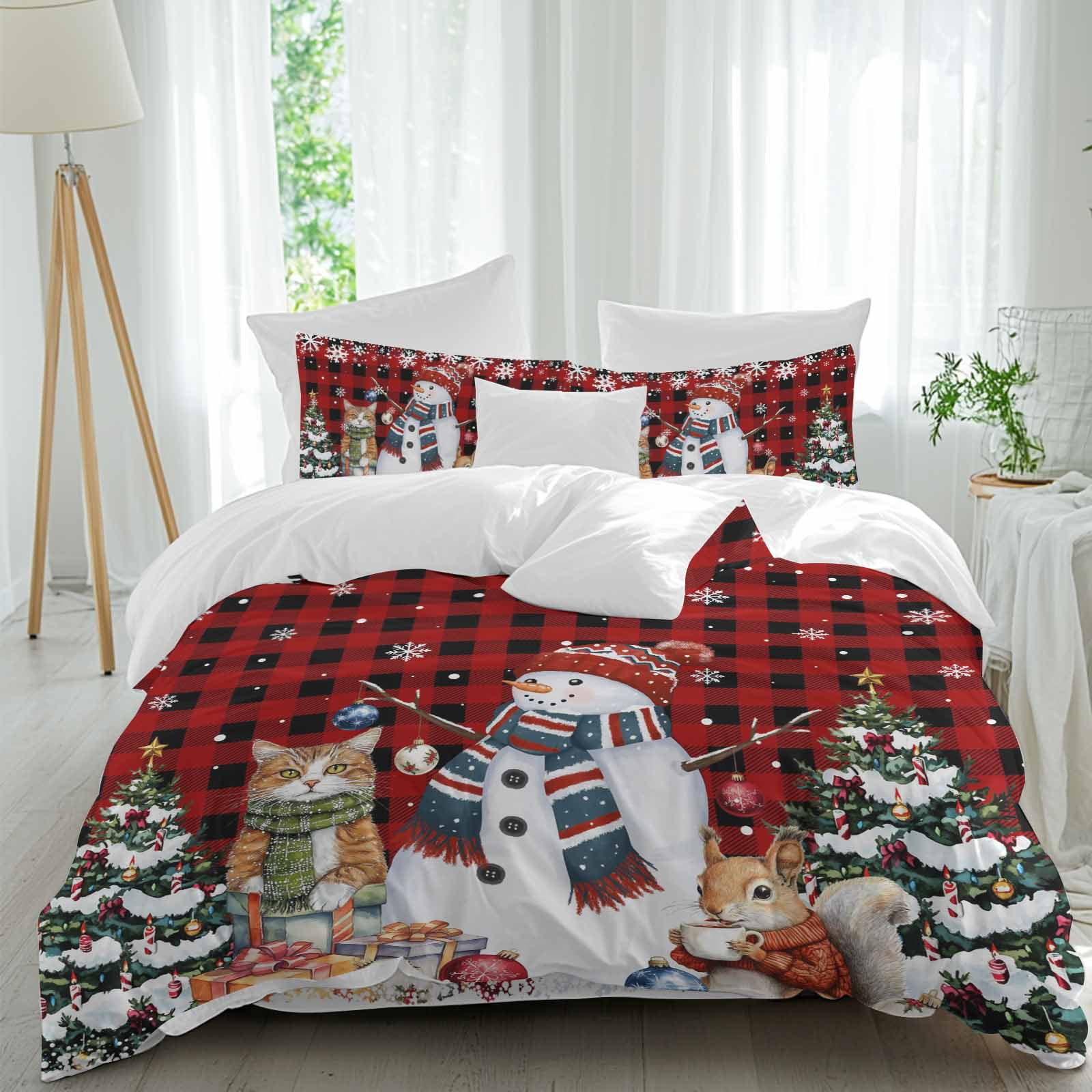 Christmas Snowman Duvet Cover Set Queen Size, Squirrel Cat Winter Tree ...