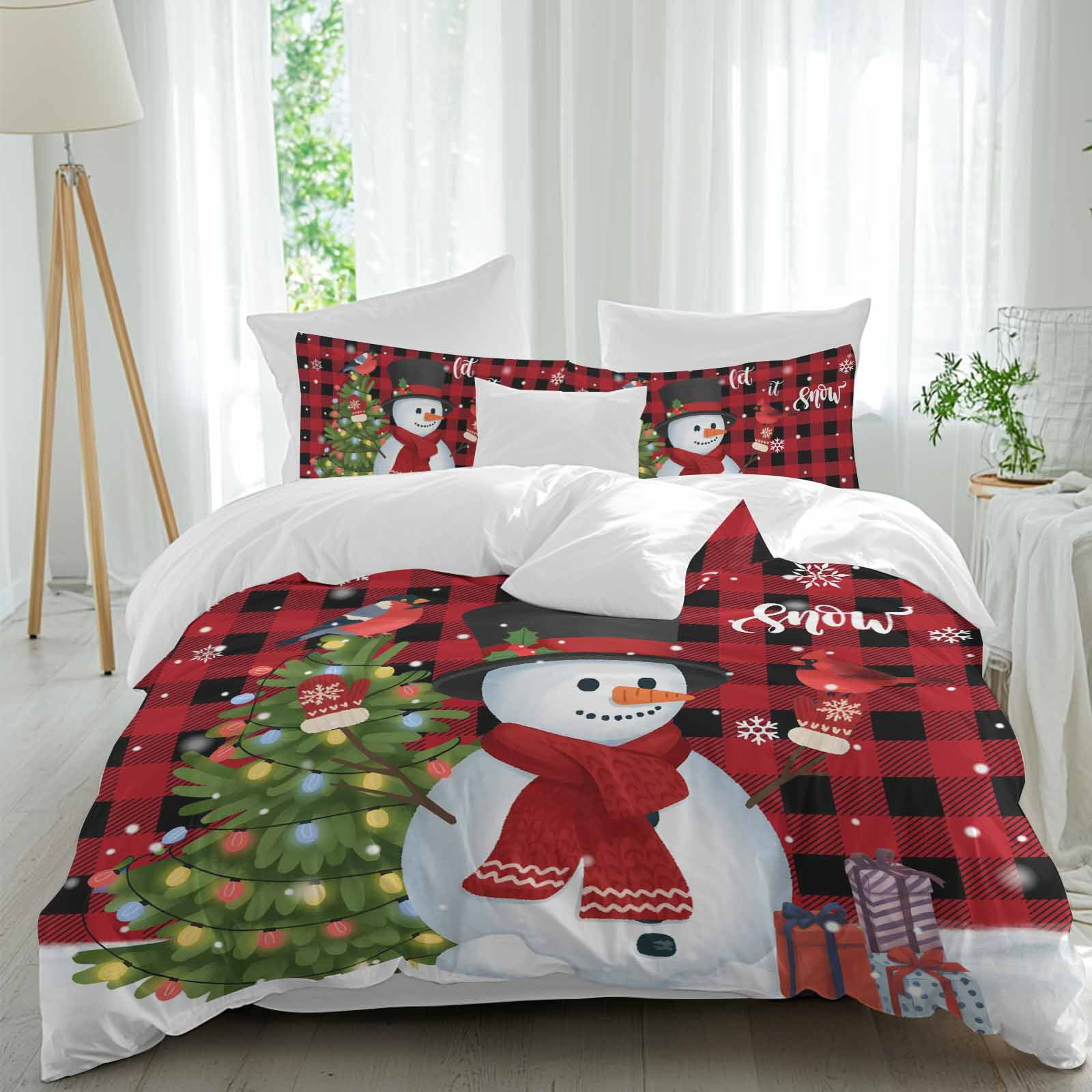 Christmas Snowman Duvet Cover Set Twin Size, Cartoon Cardinal Bird Xmas ...