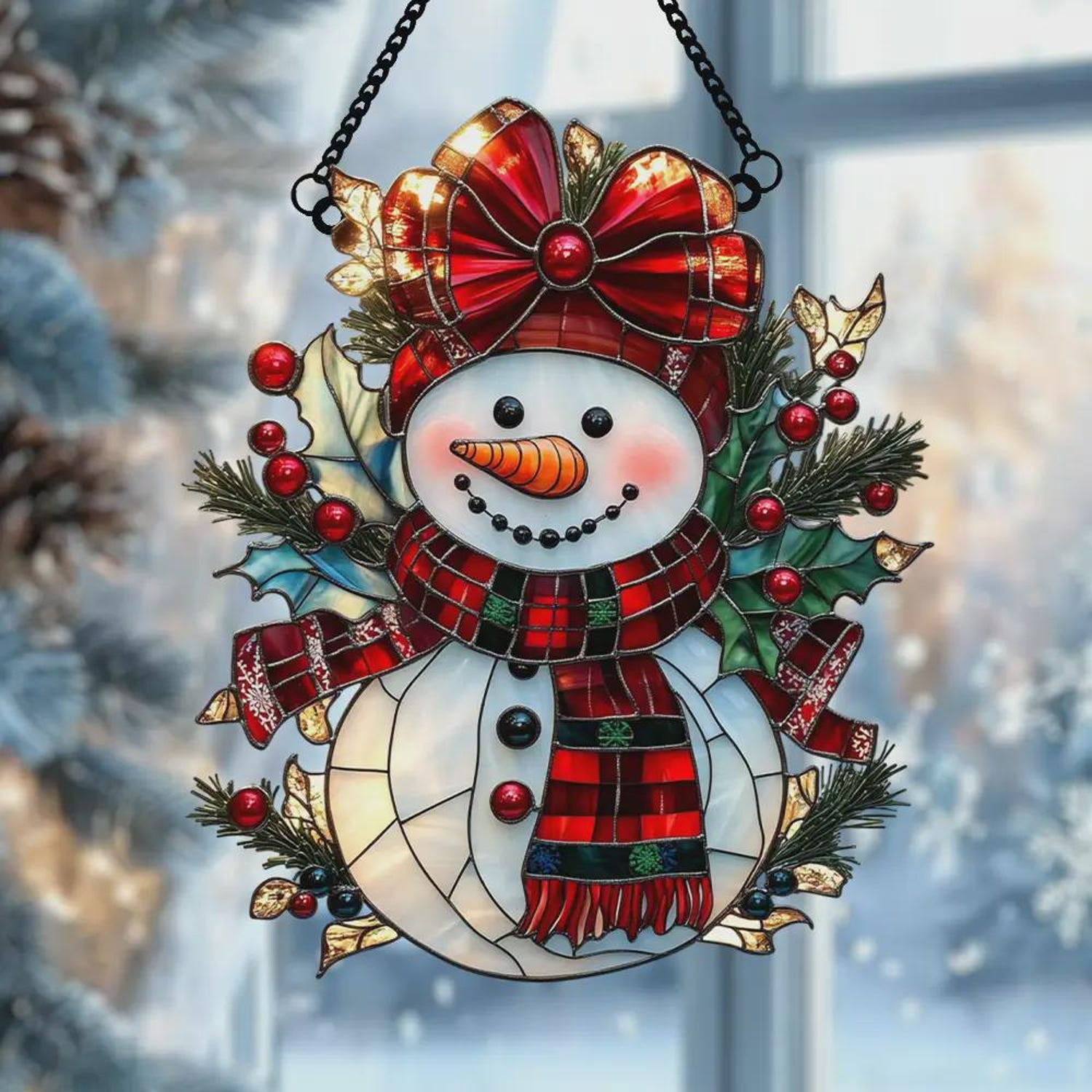 Christmas Snowman Faux Stained Glass Suncatcher and Ornament, Holiday ...