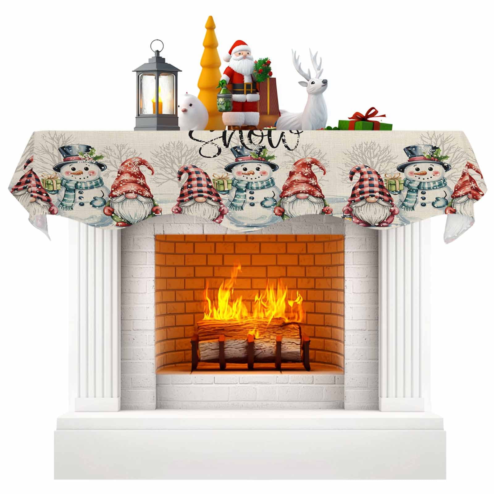 Christmas Snowman Fireplace Mantle Scarf, Red Gnomes Snow Winter Branch ...