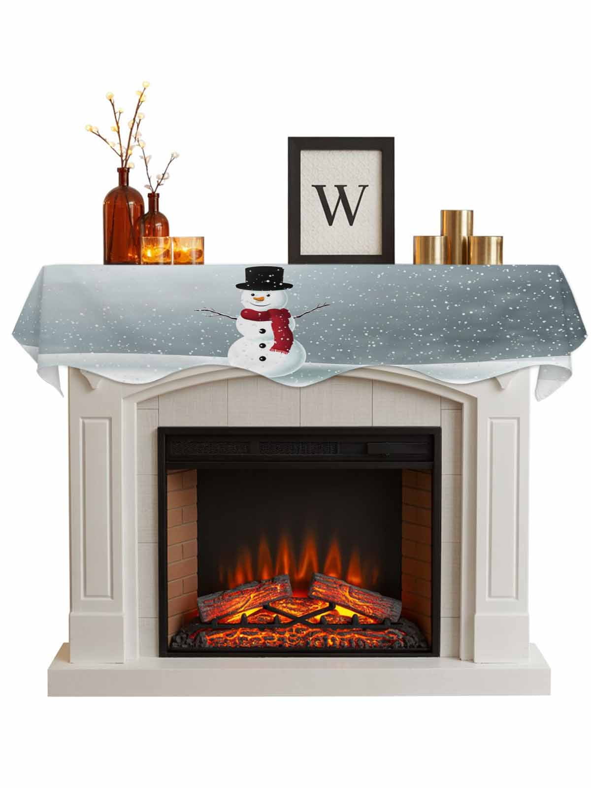 Christmas Snowman Fireplace Mantle Scarf, Winter Xmas Snows Scenery ...