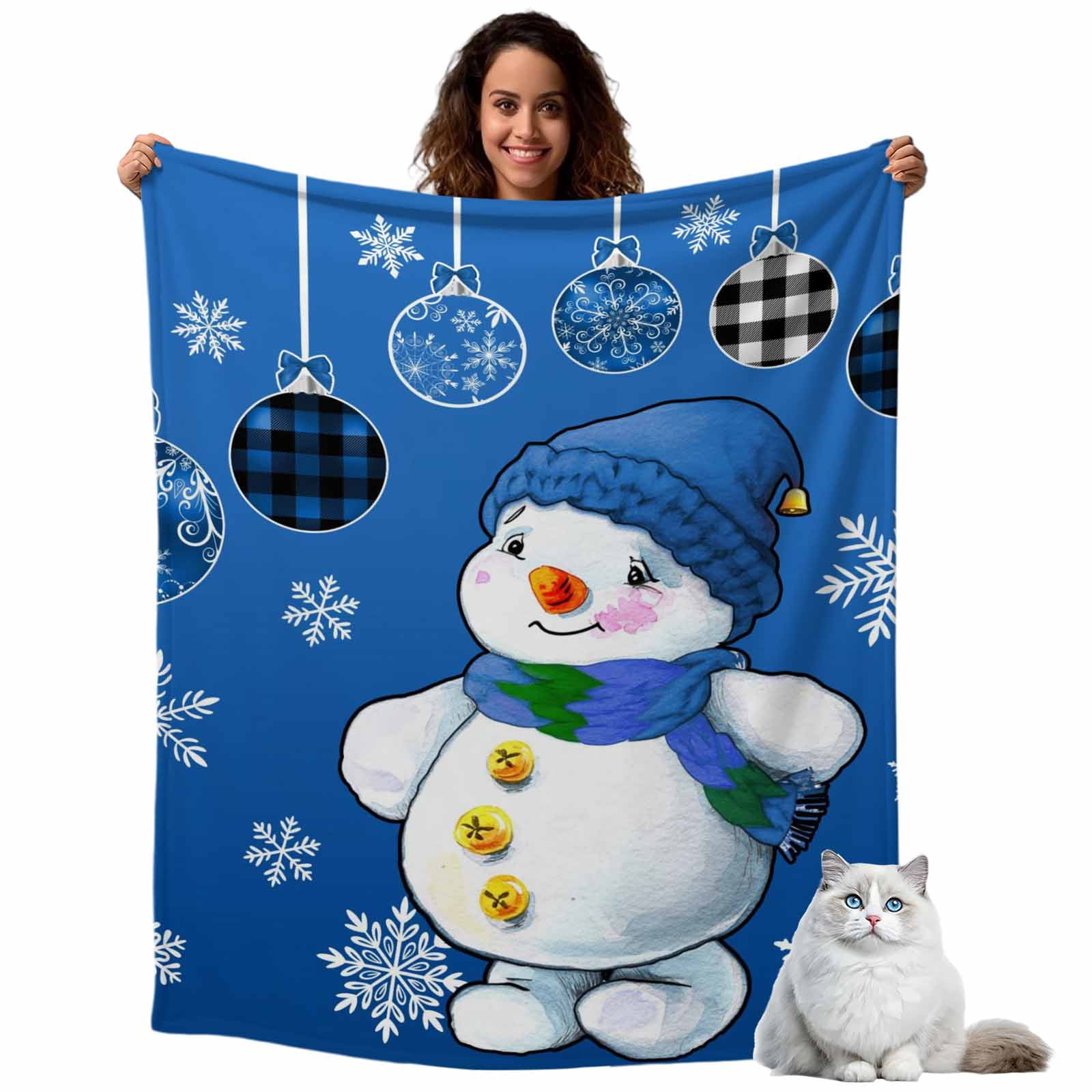 Christmas Snowman Fleece Throw Blanket Lightweight Blue Plaid Xmas ...