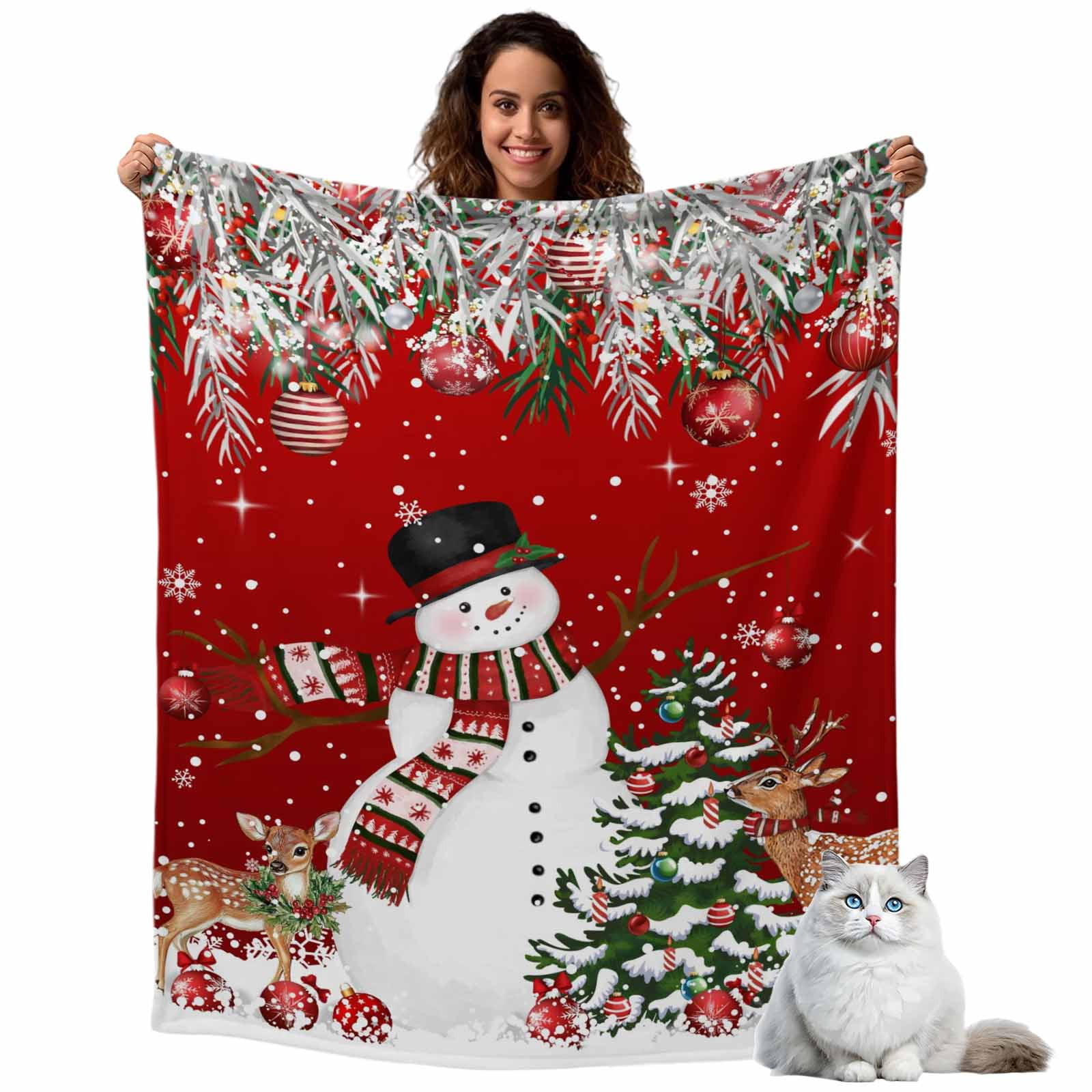 Christmas Snowman Fleece Throw Blanket Lightweight Pine Tree Leaf Deer ...