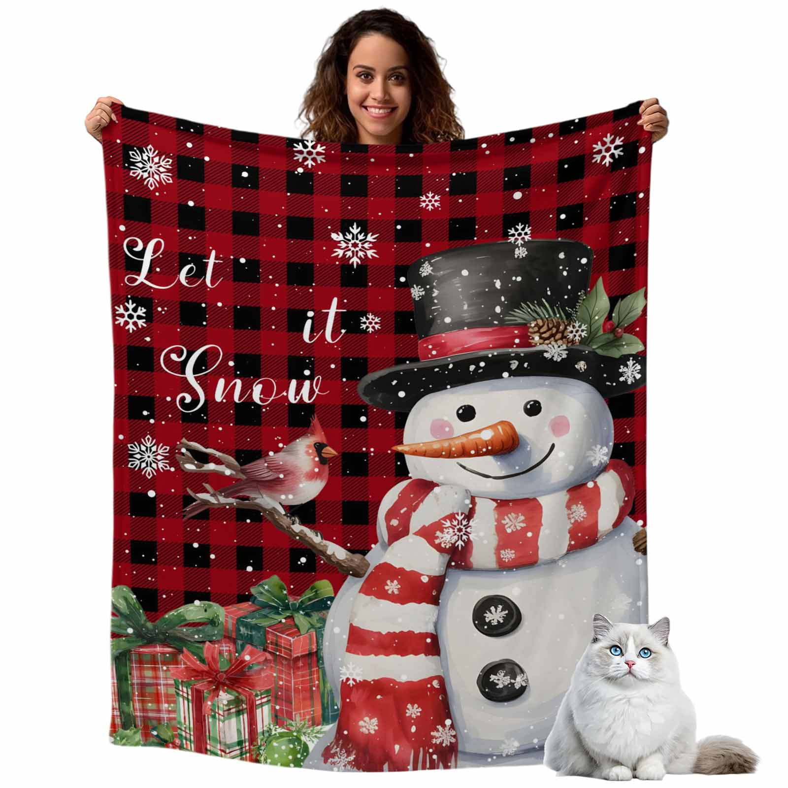 Christmas Snowman Fleece Throw Blanket Lightweight Snowflake Gift Bird ...