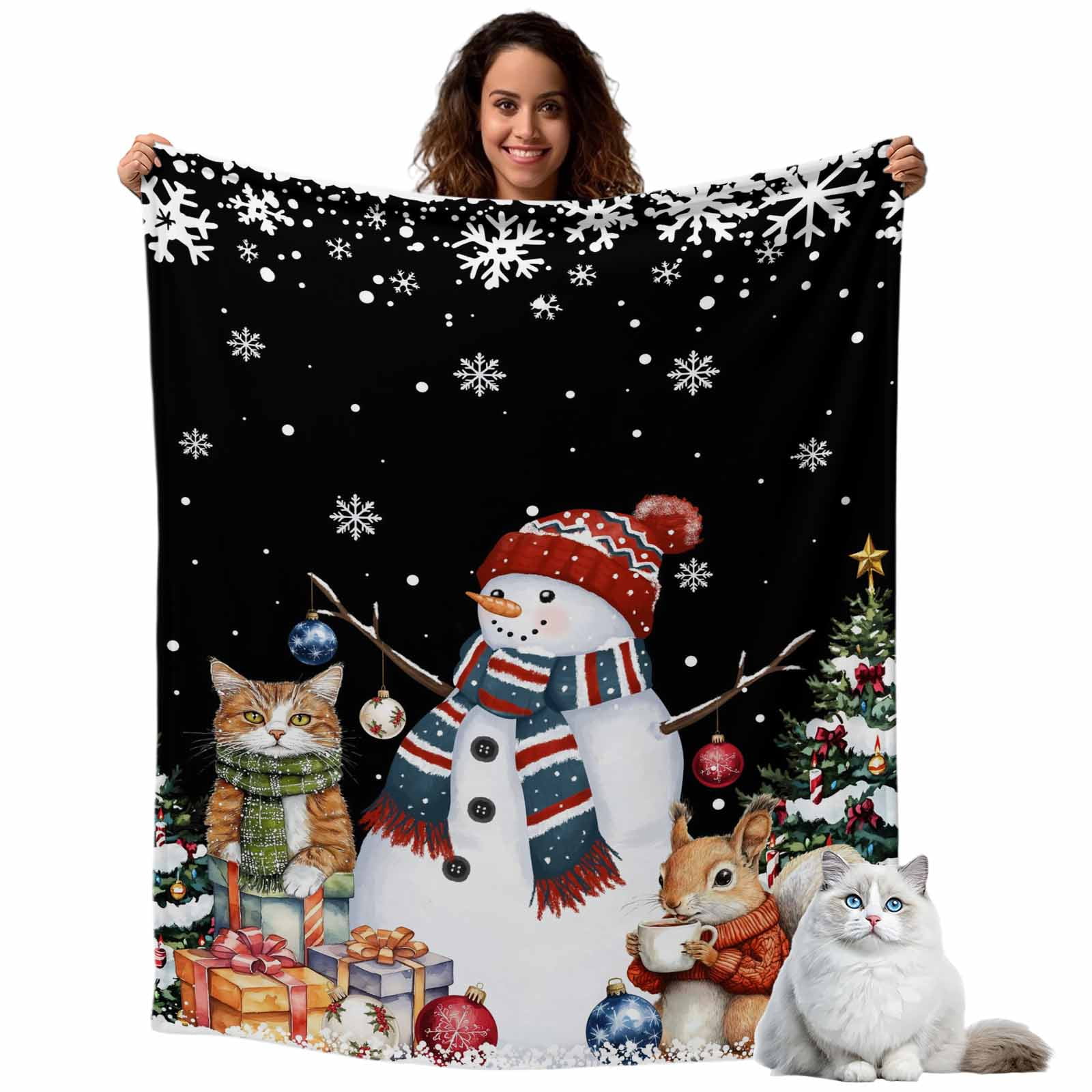 Christmas Snowman Fleece Throw Blanket Lightweight Squirrel Cat Winter ...