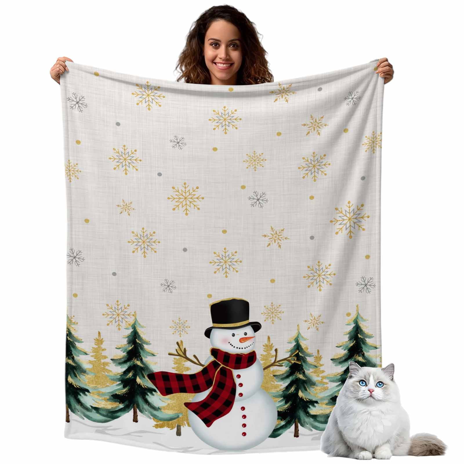 Christmas Snowman Fleece Throw Blanket Lightweight Tree Gold Snowflakes ...