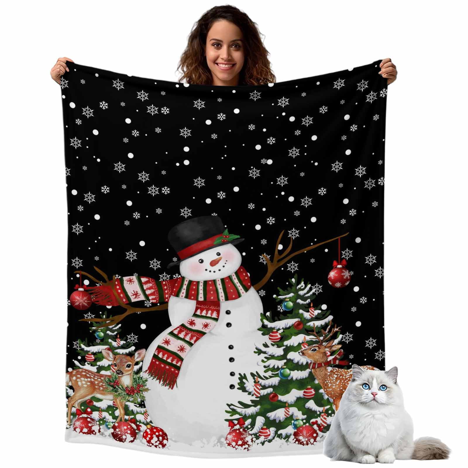 Christmas Snowman Fleece Throw Blanket Lightweight Xmas Tree Deer Black ...