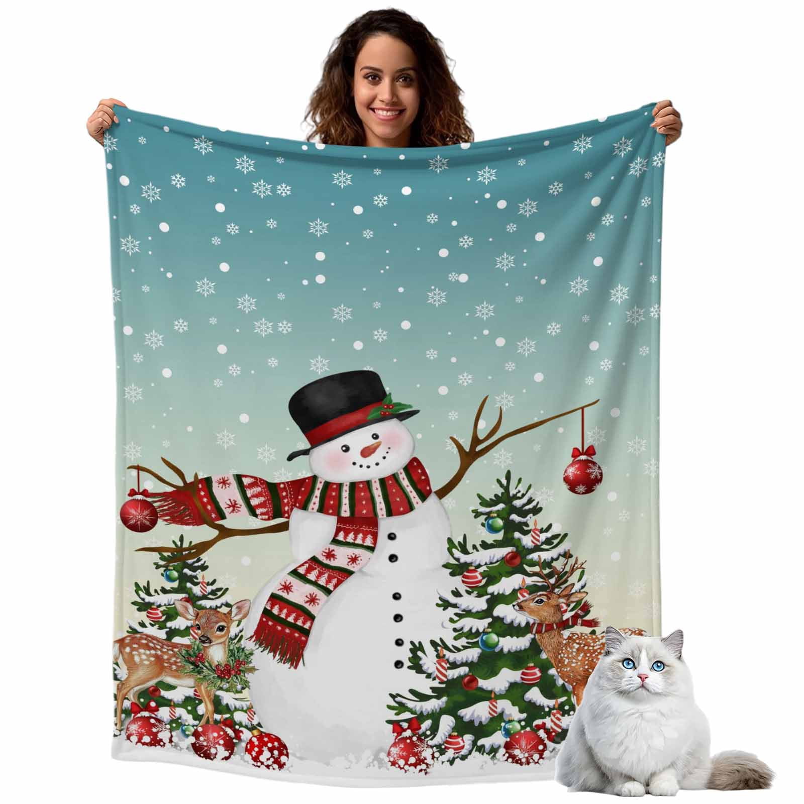 Christmas Snowman Fleece Throw Blanket Lightweight Xmas Tree Deer Teal ...