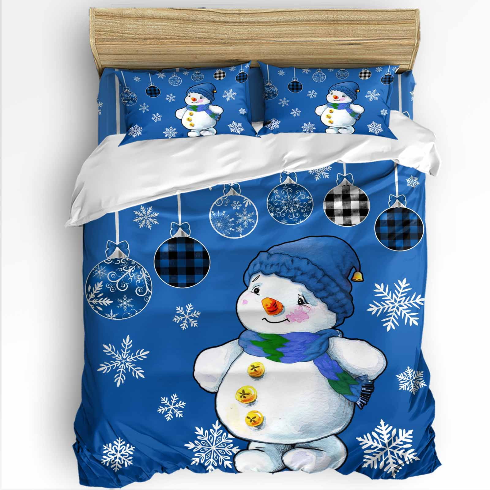 Christmas Snowman Full Size Comforter Set, Blue Plaid Xmas Balls Snowflakes Winter Soft Bedding ...