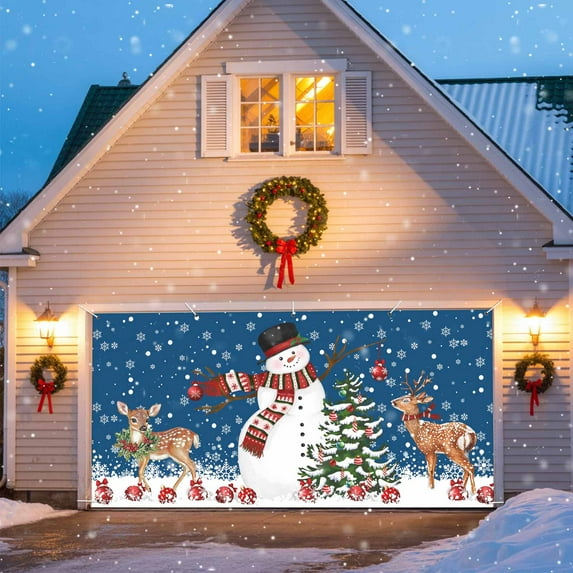 Christmas Snowman Garage Door Banner Covers, Xmas Tree Deer Winter Snow ...