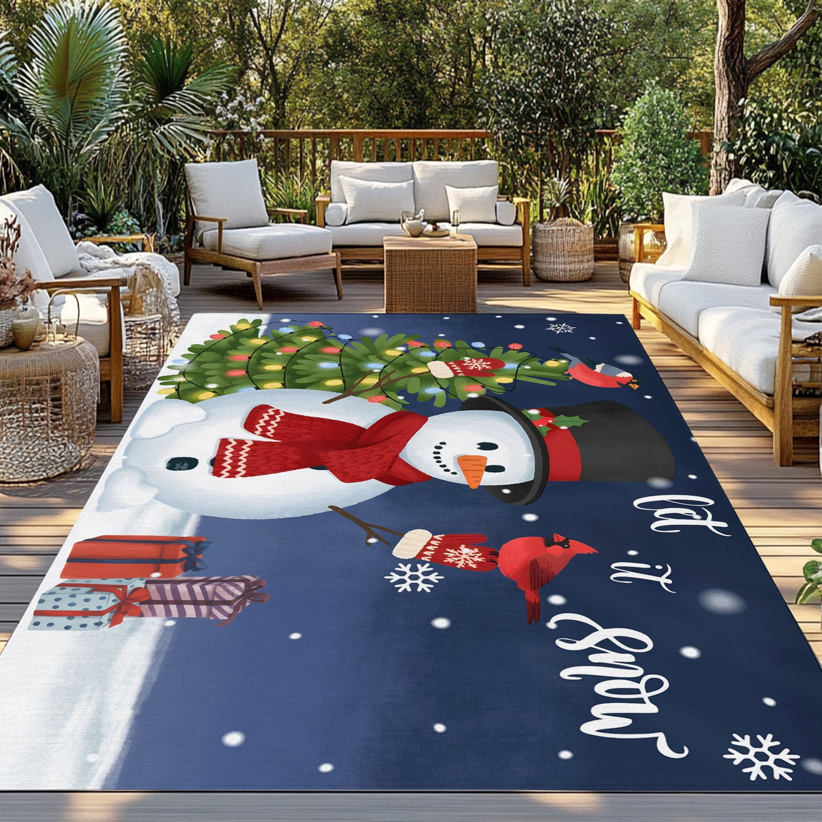 Christmas Snowman Indoor Outdoor Rugs 5x8 Ft, Cartoon Cardinal Bird ...