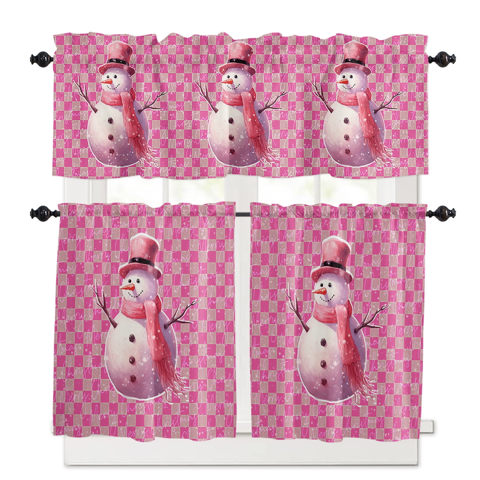Christmas Snowman Kitchen Curtains and Valances Set, Pink and Beige ...