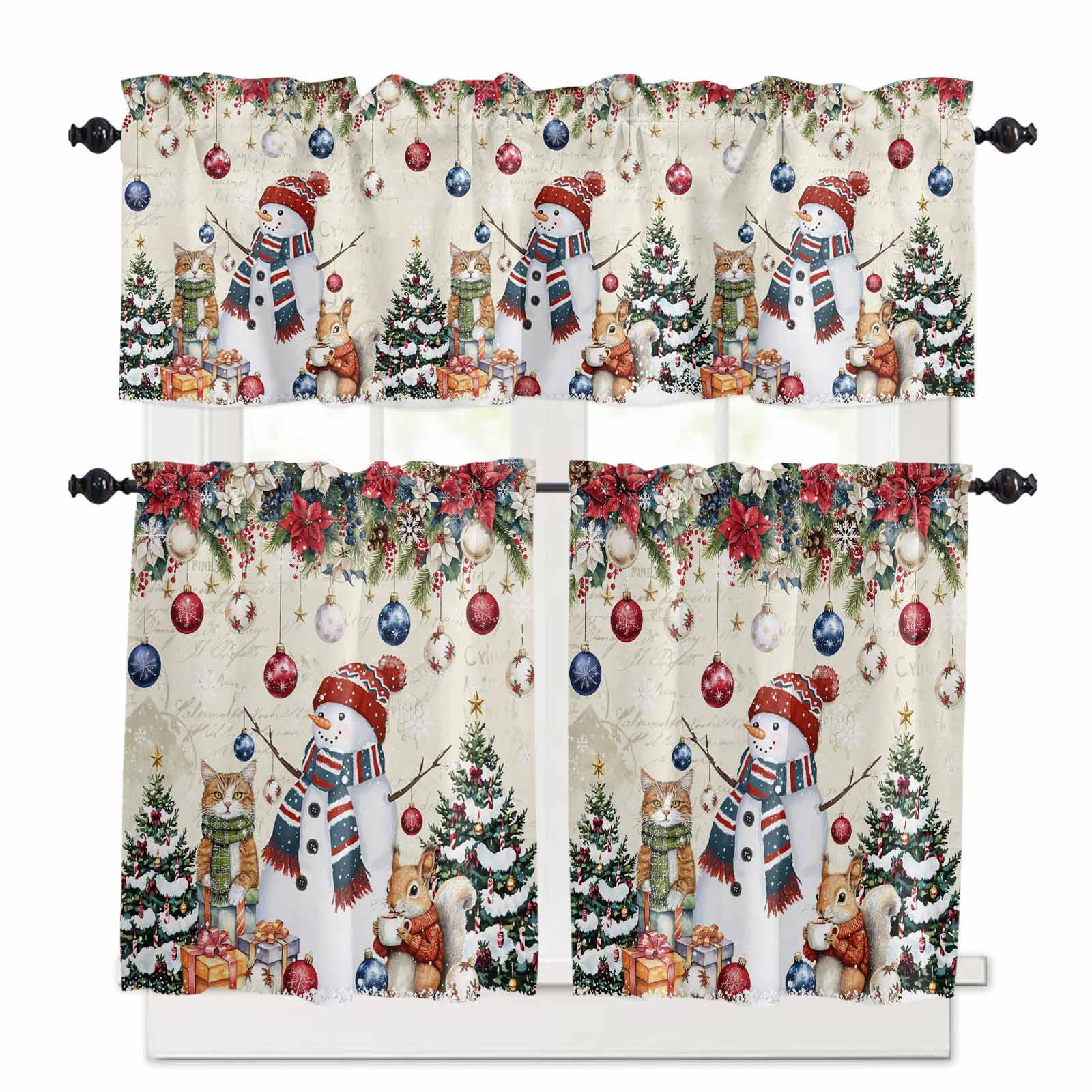 Christmas Snowman Kitchen Curtains and Valances Set, Squirrel Cat Xmas ...