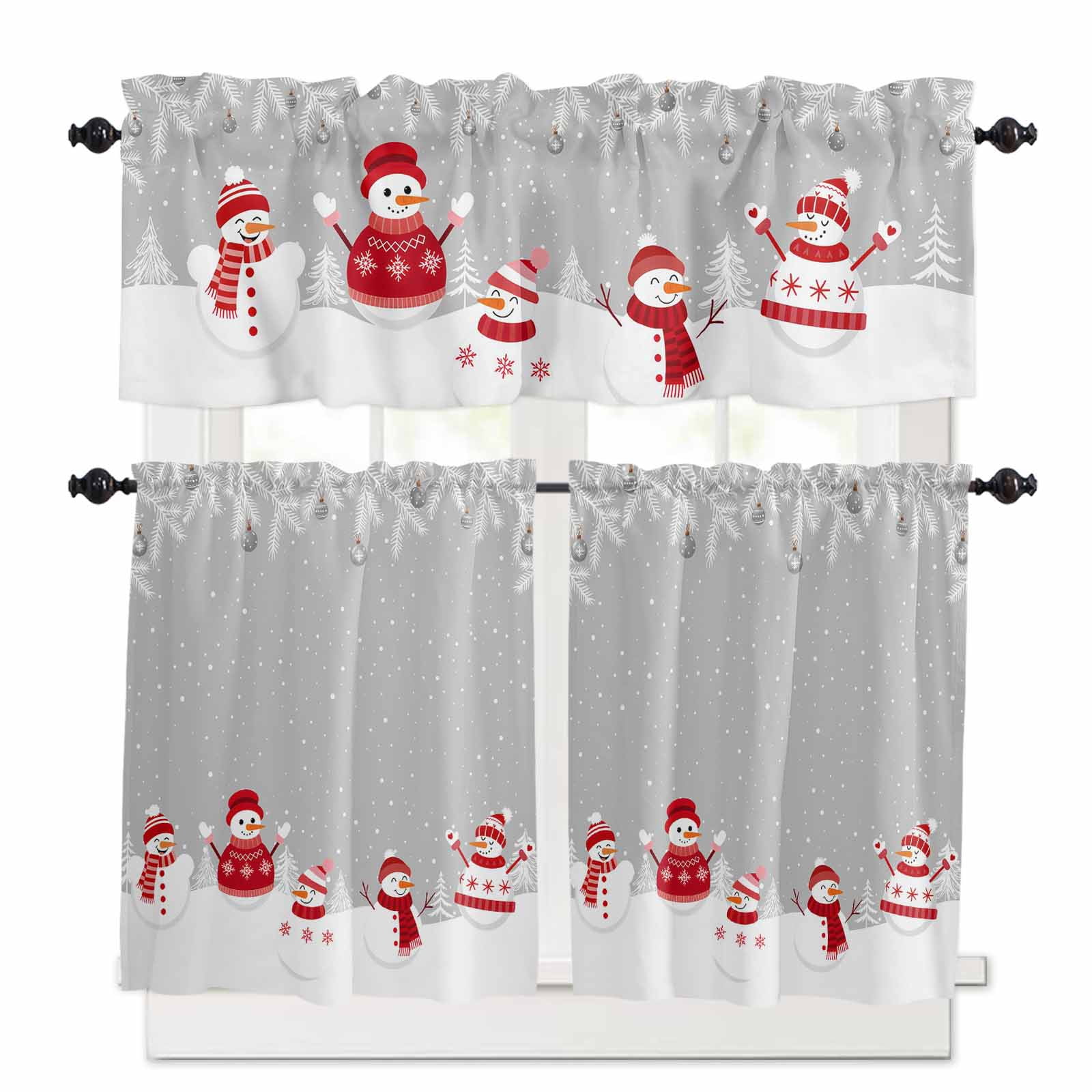 Christmas Snowman Kitchen Curtains and Valances Set, Winter Grey White ...