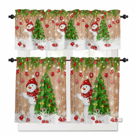Christmas Snowman Kitchen Curtains and Valances Set, Wood Grain Winter ...