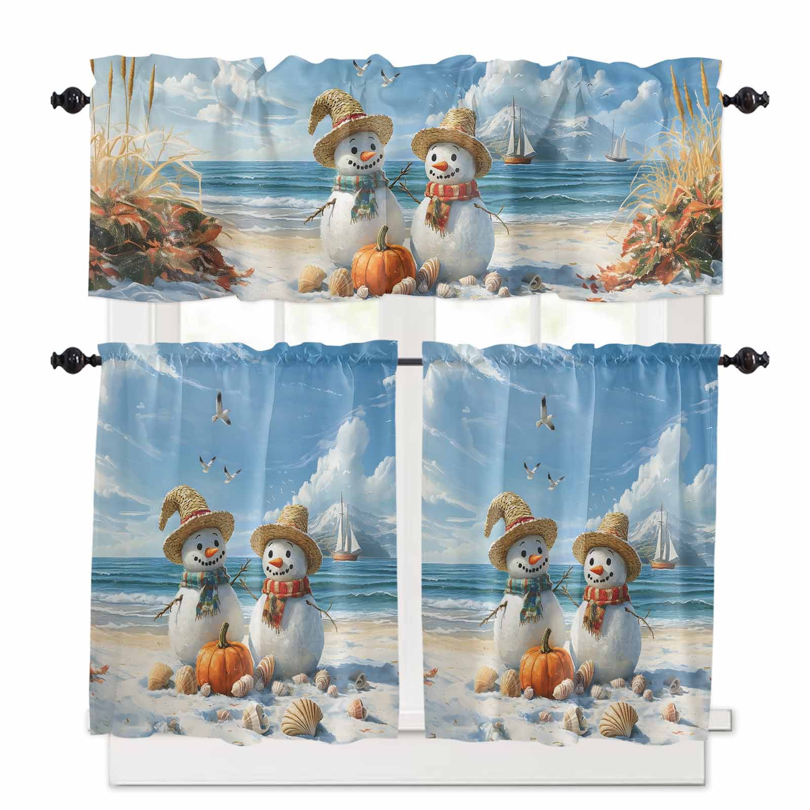 Christmas Snowman Kitchen Curtains Valances and Tiers Set of 3 Ocean ...