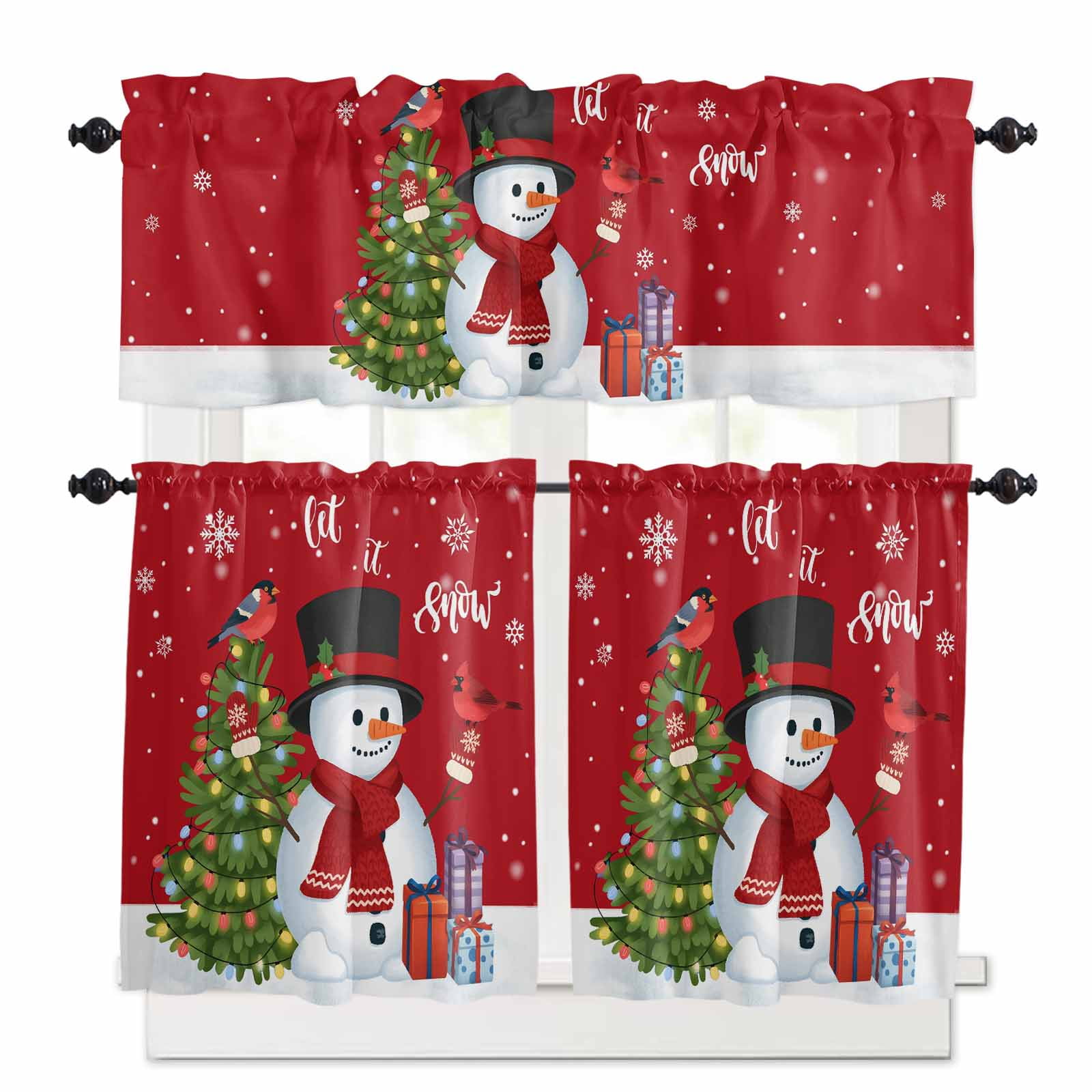 Christmas Snowman Kitchen Curtains Valances and Tiers Set of 3 Red ...