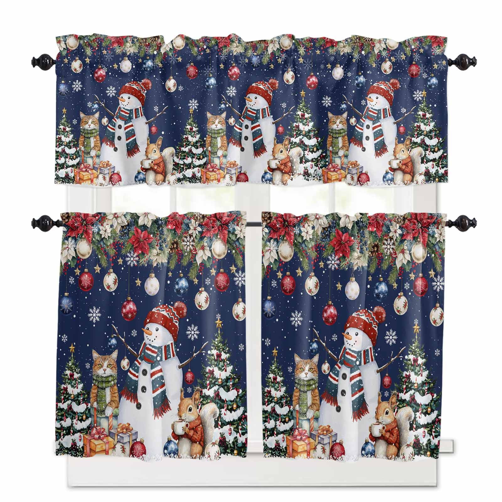 Christmas Snowman Kitchen Curtains Valances and Tiers Set of 3 Squirrel ...