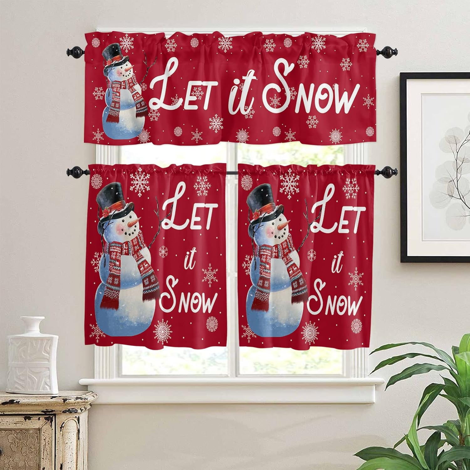 Christmas Snowman Kitchen Window Valance and Tier Set 3 Piece Red Rod ...