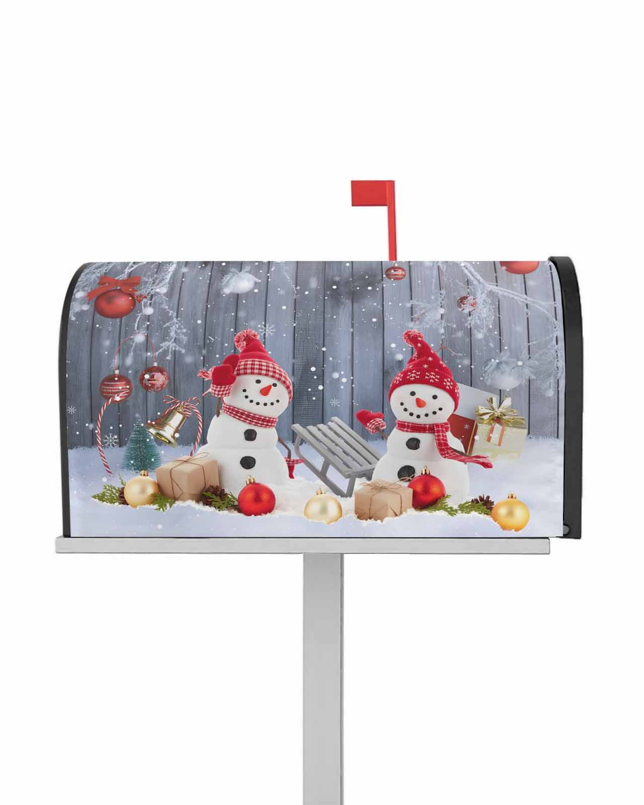 Christmas Snowman Mailbox Cover, Xmas Balls Pine Branch Gifts Winter ...