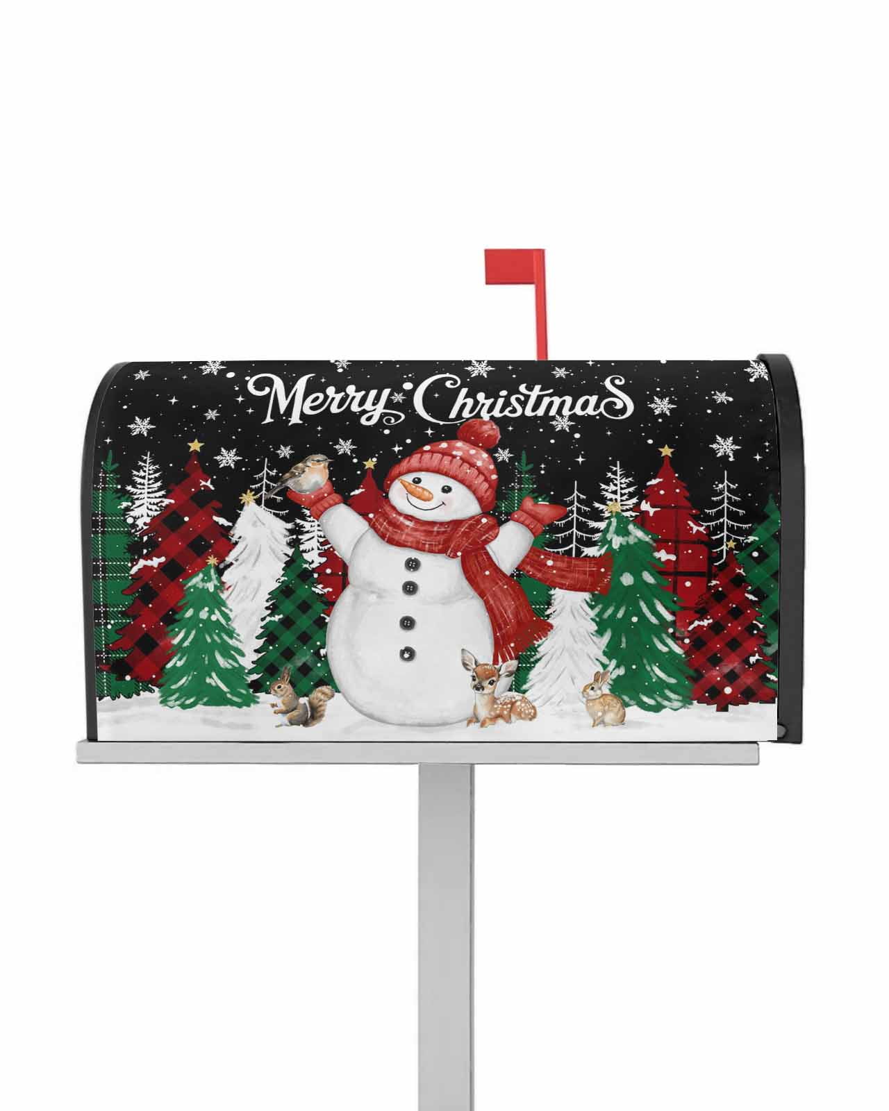 Christmas Snowman Mailbox Cover, Xmas Snowflake Tree Black Bottom ...