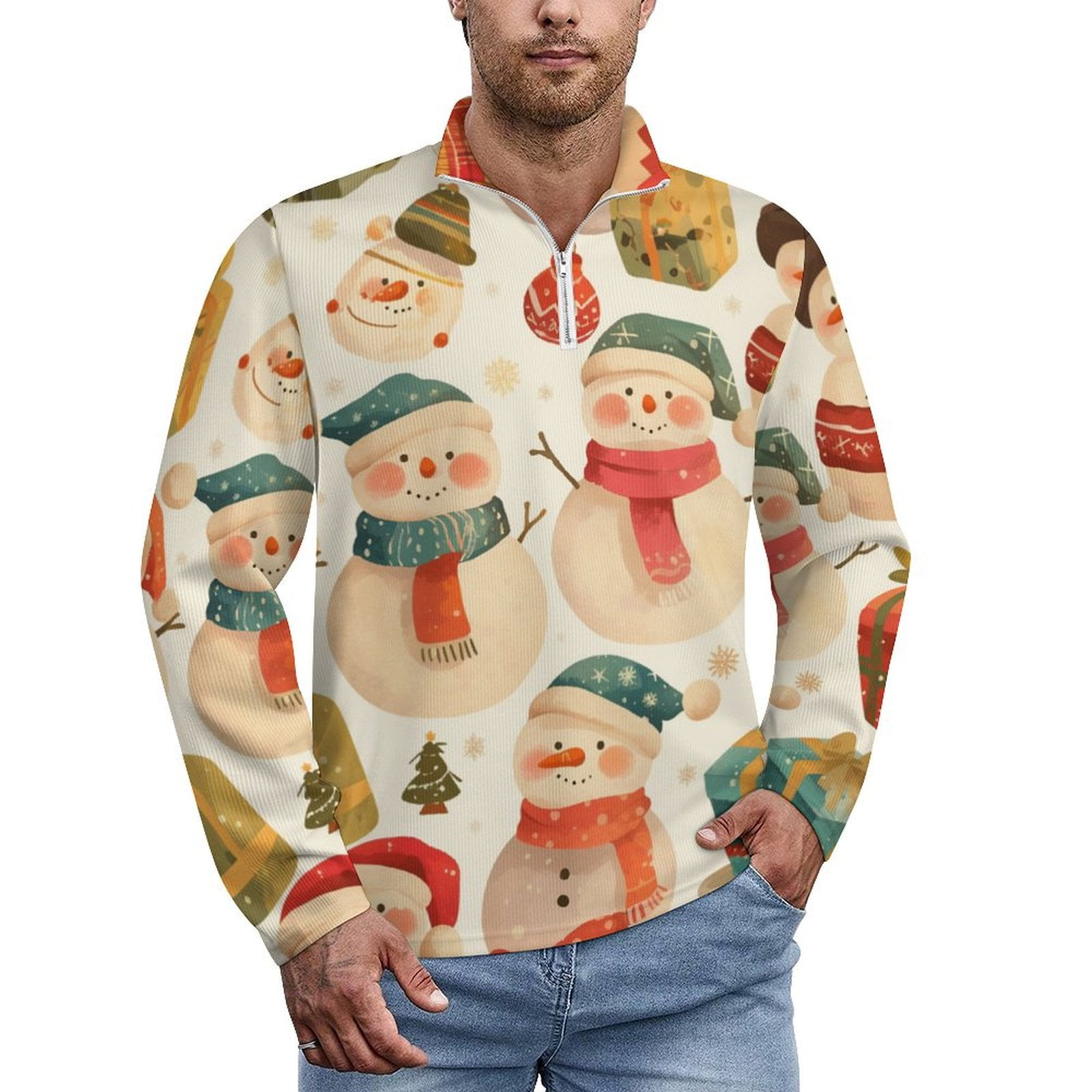 Christmas Snowman Men's Sweater Sports POLO Shirt Zip Pullover Mens ...