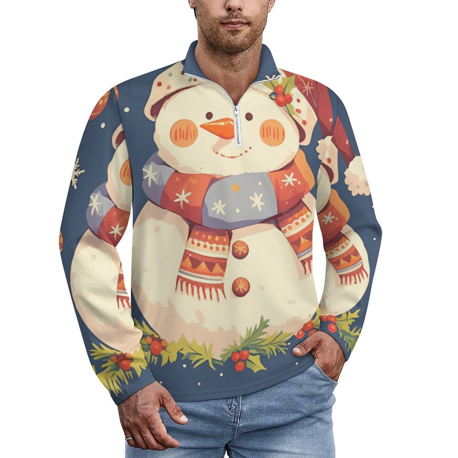 Christmas Snowman Men's Sweater Sports POLO Shirt Zip Pullover Mens ...